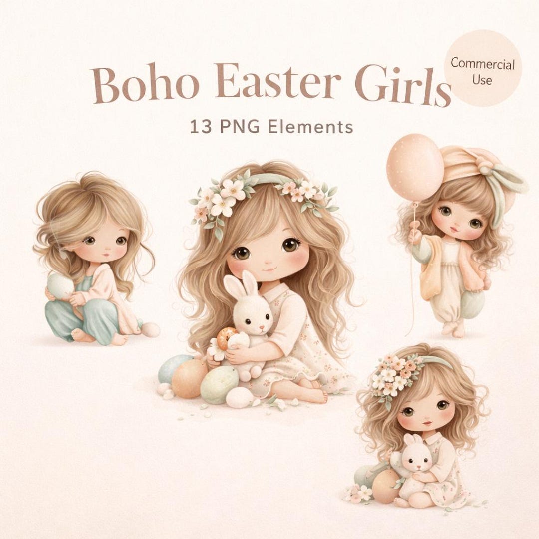 Boho Easter Girls Clipart, Vintage Watercolor Bunny Girls PNG, Spring ...