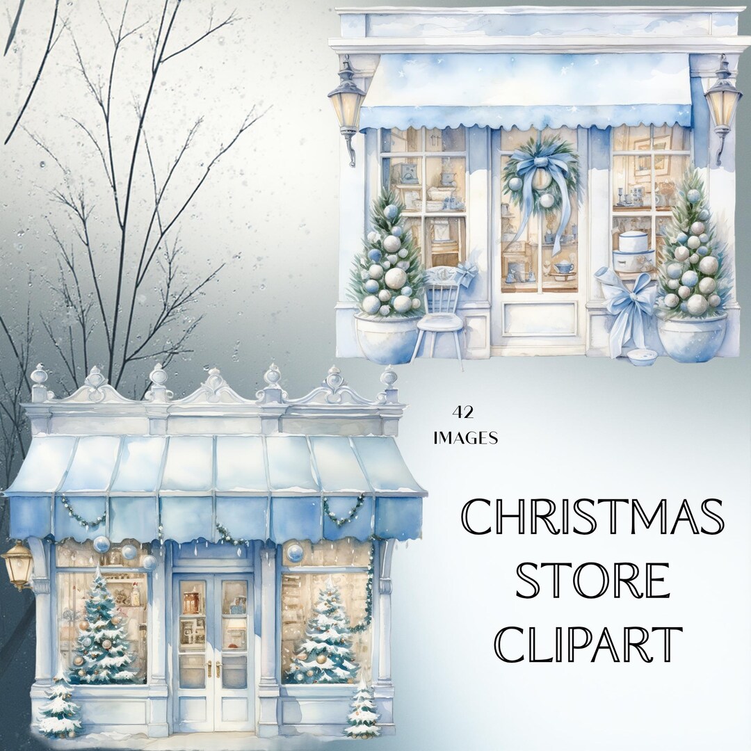 Christmas Store Front Clipart, Winter Village Shops, Watercolor Holiday ...