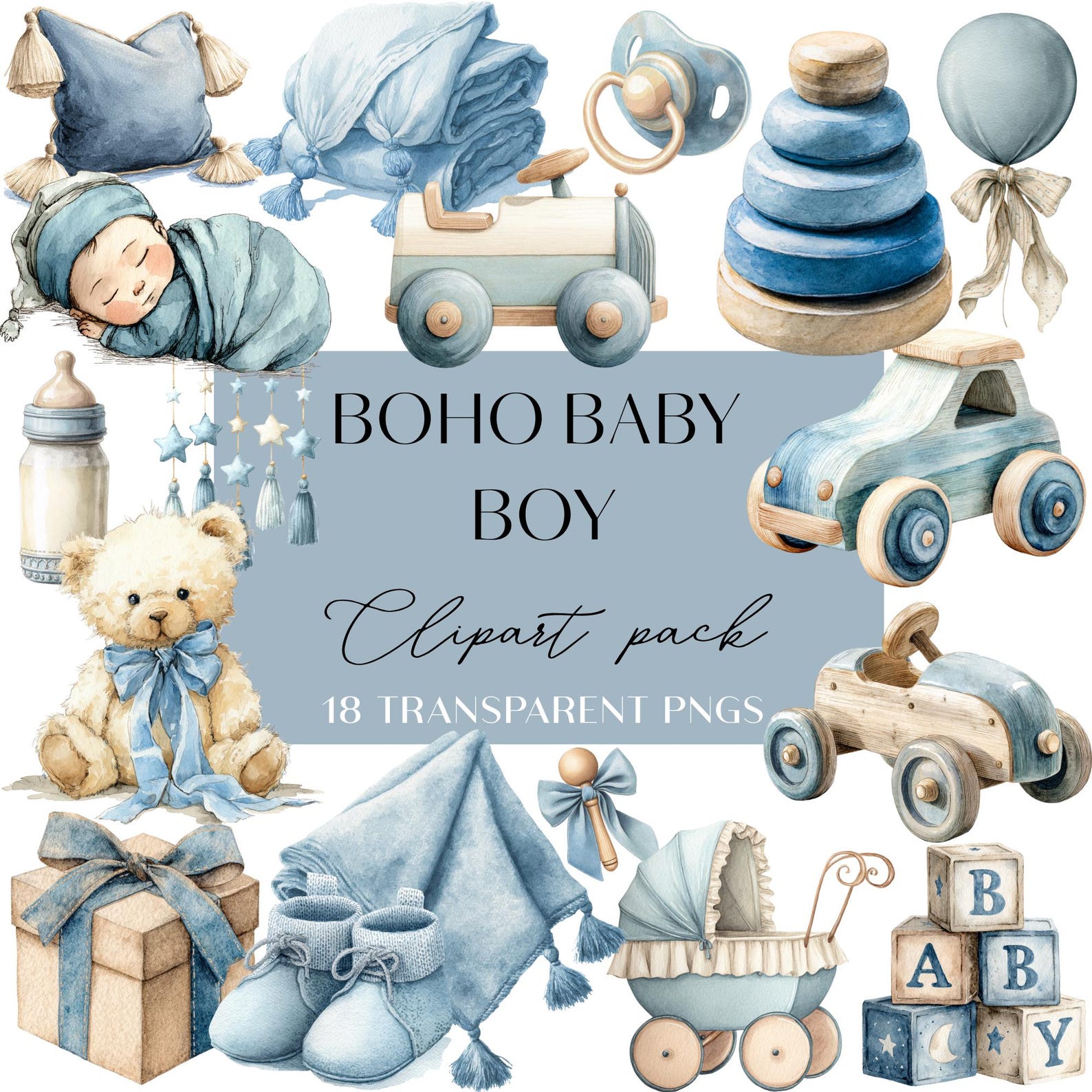 Boho Baby Boy Clipart Set – Watercolor PNG Graphics (digital Download ...