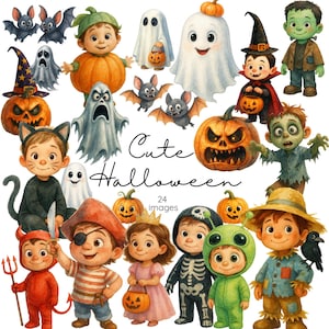 Watercolor Halloween Clipart Bundle: Kids in Costumes, Pumpkins, Ghosts ...
