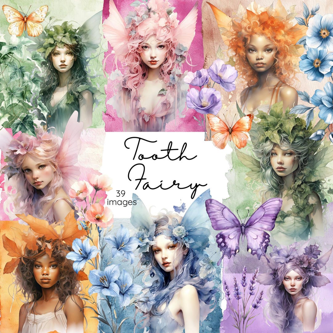 Watercolor Tooth Fairy Clipart: Magical Fairies, Flowers, Butterflies ...