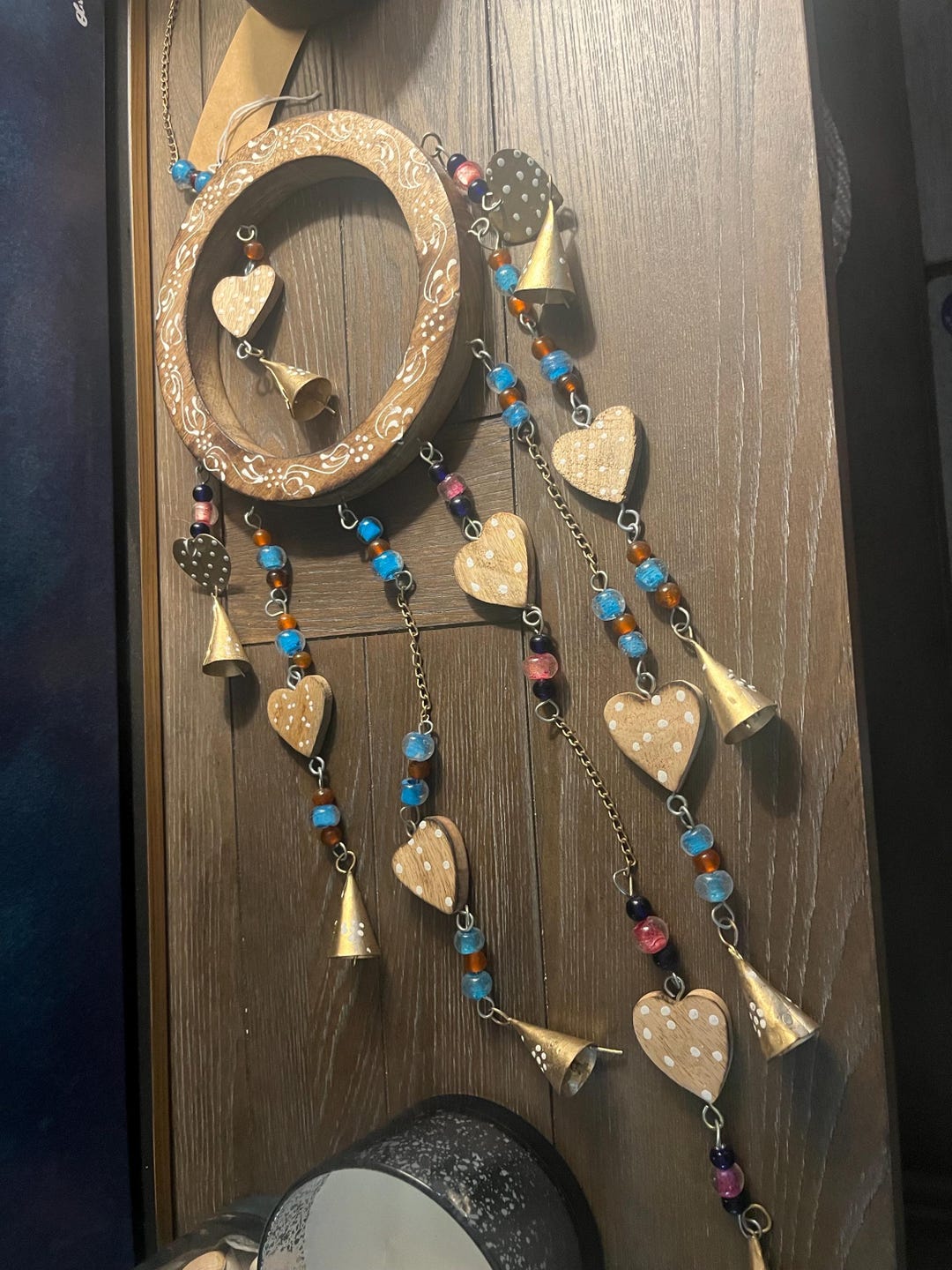 Hamsa Beautiful India Wind Chimes Wood Brass Hearts Beaded 33” Boho ...