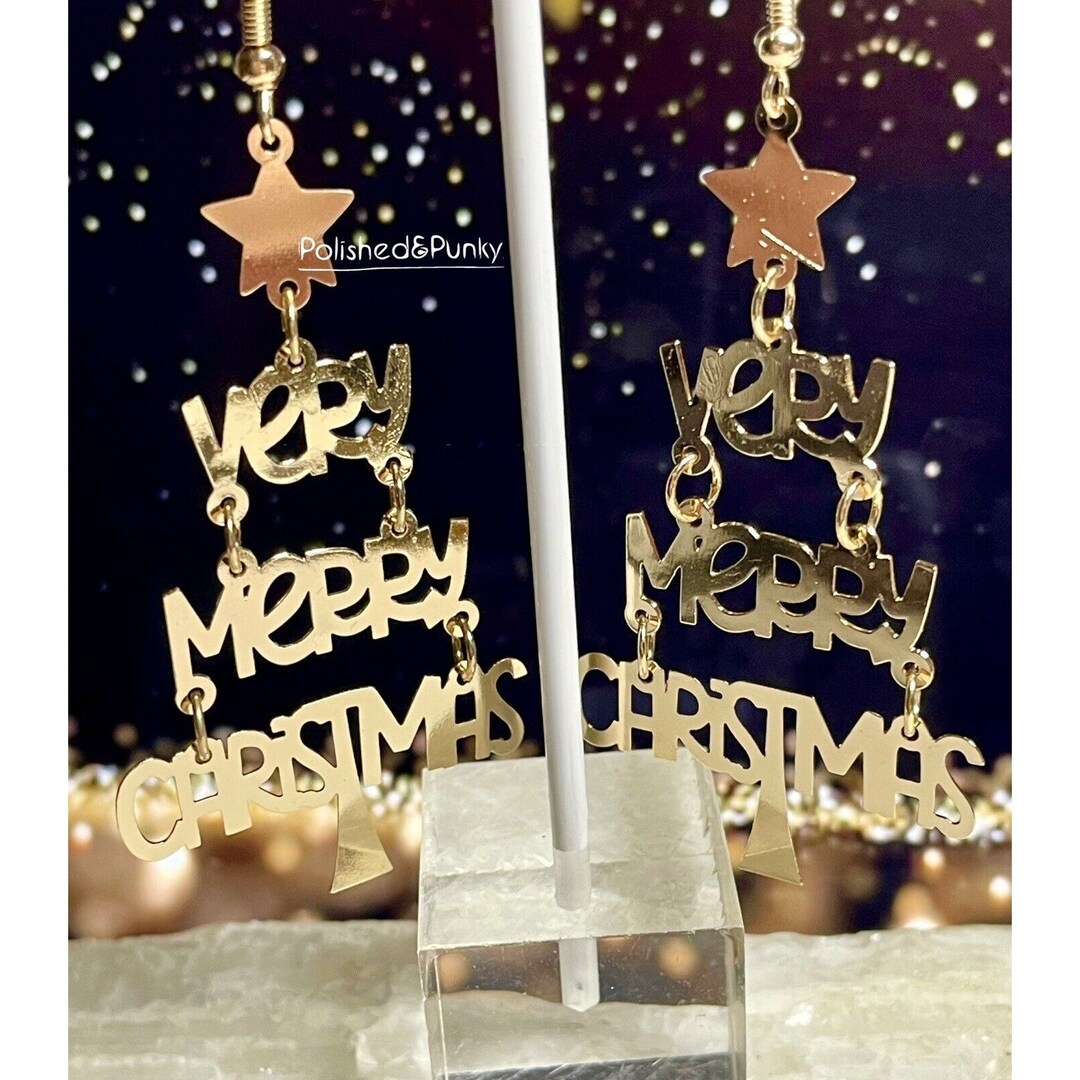 Merry Christmas Earrings ~ Gold Christmas Tree Dangle Earrings in Gift ...