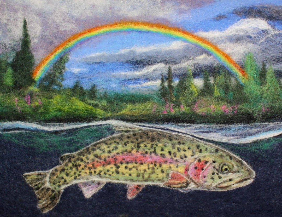 Rainbow Trout Art Print: Alaskan River Landscape, Felted Wool Giclée ...