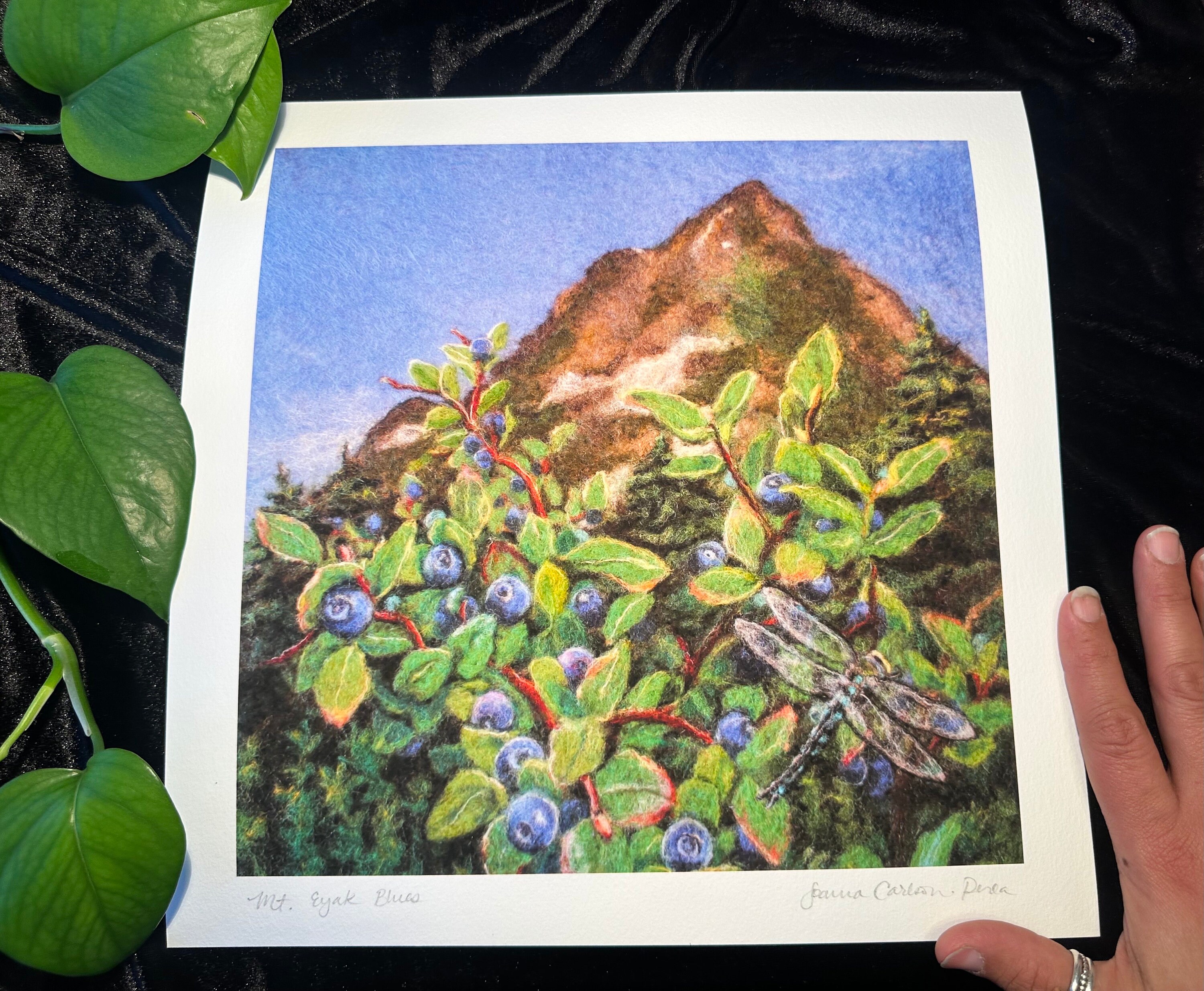 Alaskan Blueberry Art Print: Mt. Eyak, Dragonfly, Felted Wool Giclée ...