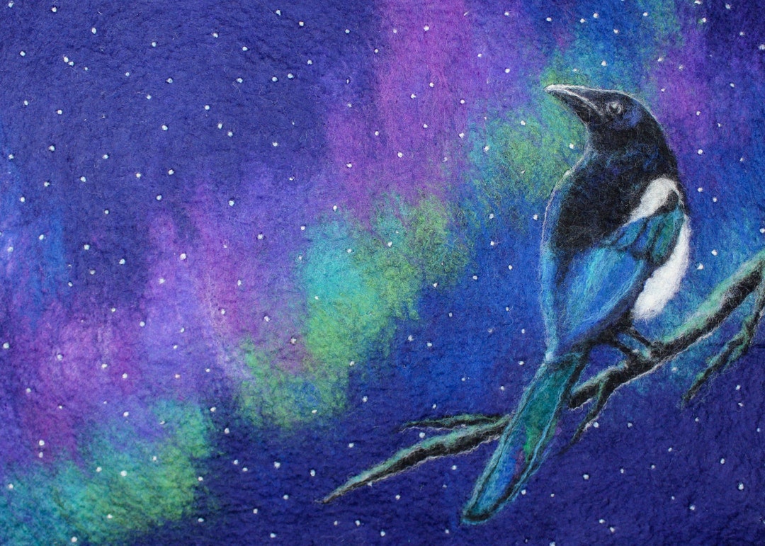 Magpie Northern Lights Art Print: Fiber Art Giclee (8x10in) - Etsy