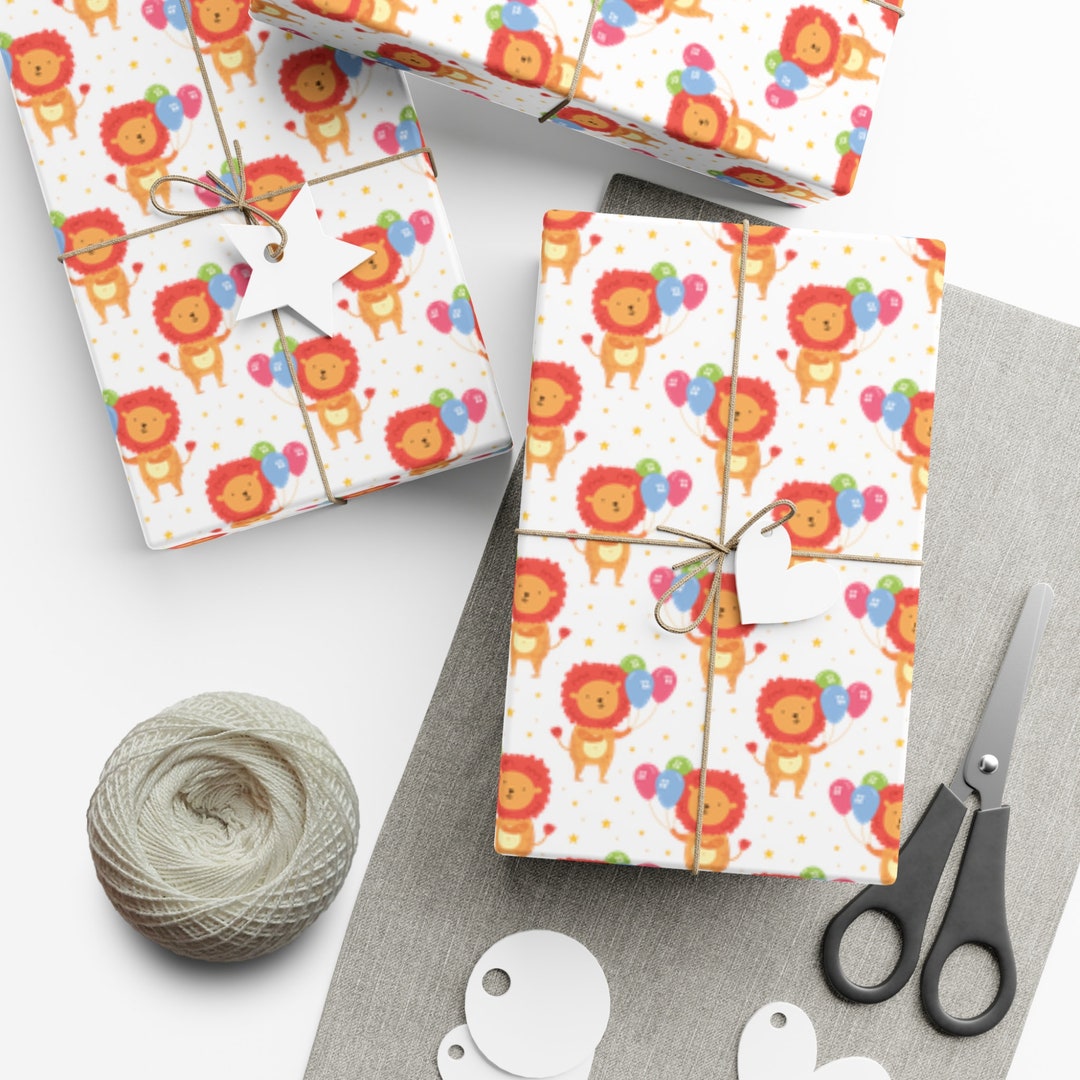 Cute Lion With Balloons Birthday Gift Wrap Papers, Lion Themed Kids ...