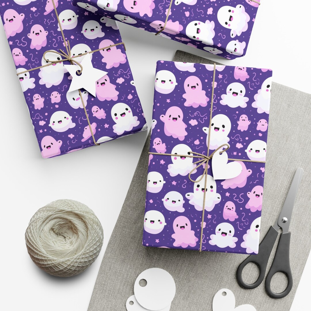 Spooky Ghost Wrapping Paper, Kawaii Halloween Paper, Kawaii Gift Wrap ...