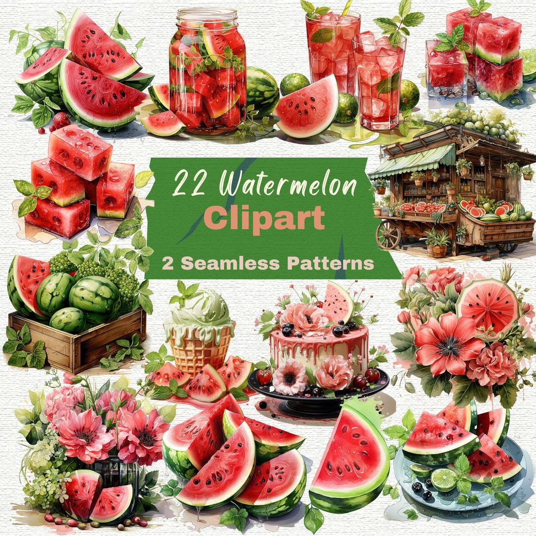 22 Watermelon Watercolor Clipart, 2 Seamless Patterns, High Quality PNG ...