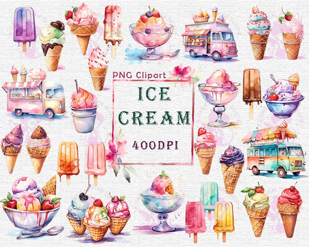Watercolor Ice-cream Clipart, Summer Flower, PNG, Commercial Use - Etsy