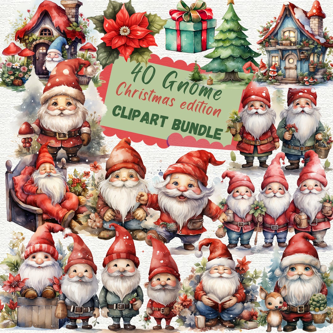 40 Gnome Christmas, Watercolor Clipart Bundle, 2 Seamless Digital ...