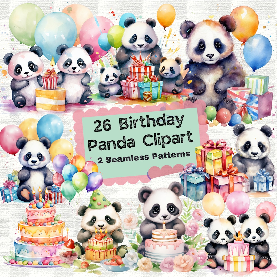 26 Birthday Panda Watercolor Clipart, 2 Seamless Pattern, High Quality ...