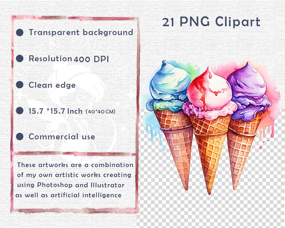 Watercolor Ice-cream Clipart, Summer Flower, PNG, Commercial Use - Etsy