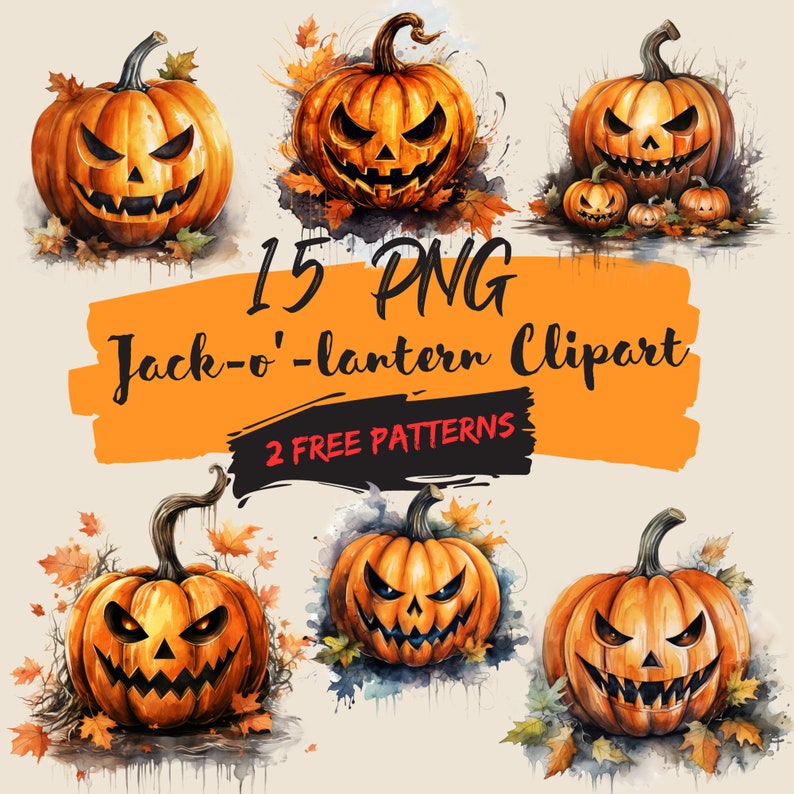 Jack O Lantern Watercolor Clipart, PNG, Commercial Use, Seamless ...