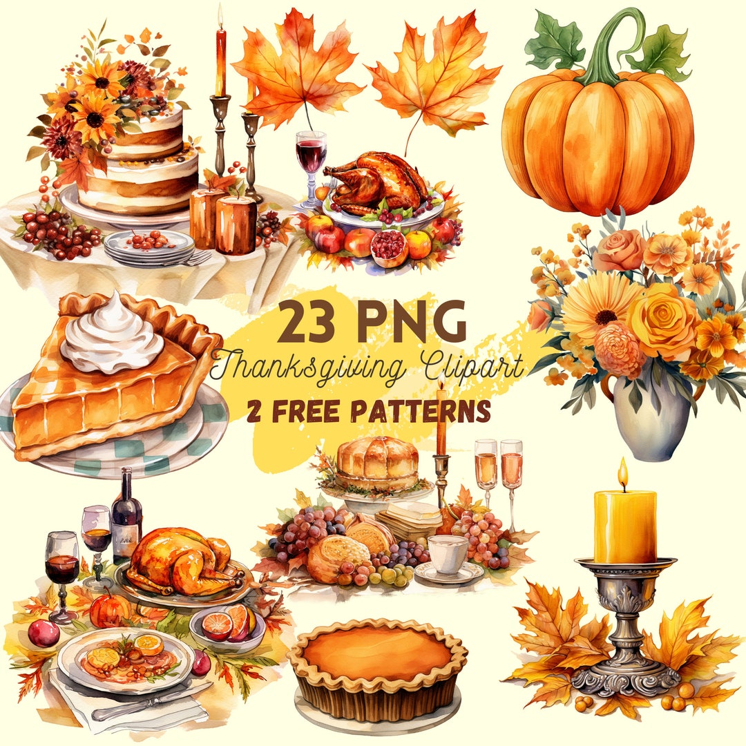 Fall Thanksgiving Clipart and 2 Free Seamless Patterns, Commercial Use ...