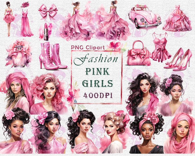 Watercolor Fashion Pink Girls Clipart, Commercial Use, Glam - Etsy