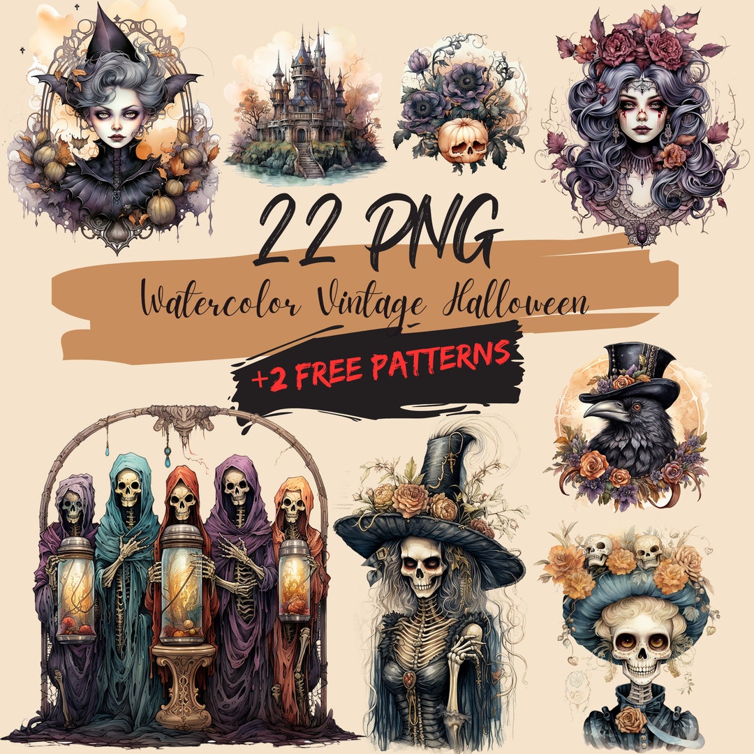 22 Watercolor Vintage Halloween Clipart and 2 Seamless Patterns, PNG ...