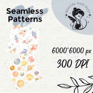 33 Cute Space Watercolor Clipart, 2 Seamless Patterns, High Quality PNG ...