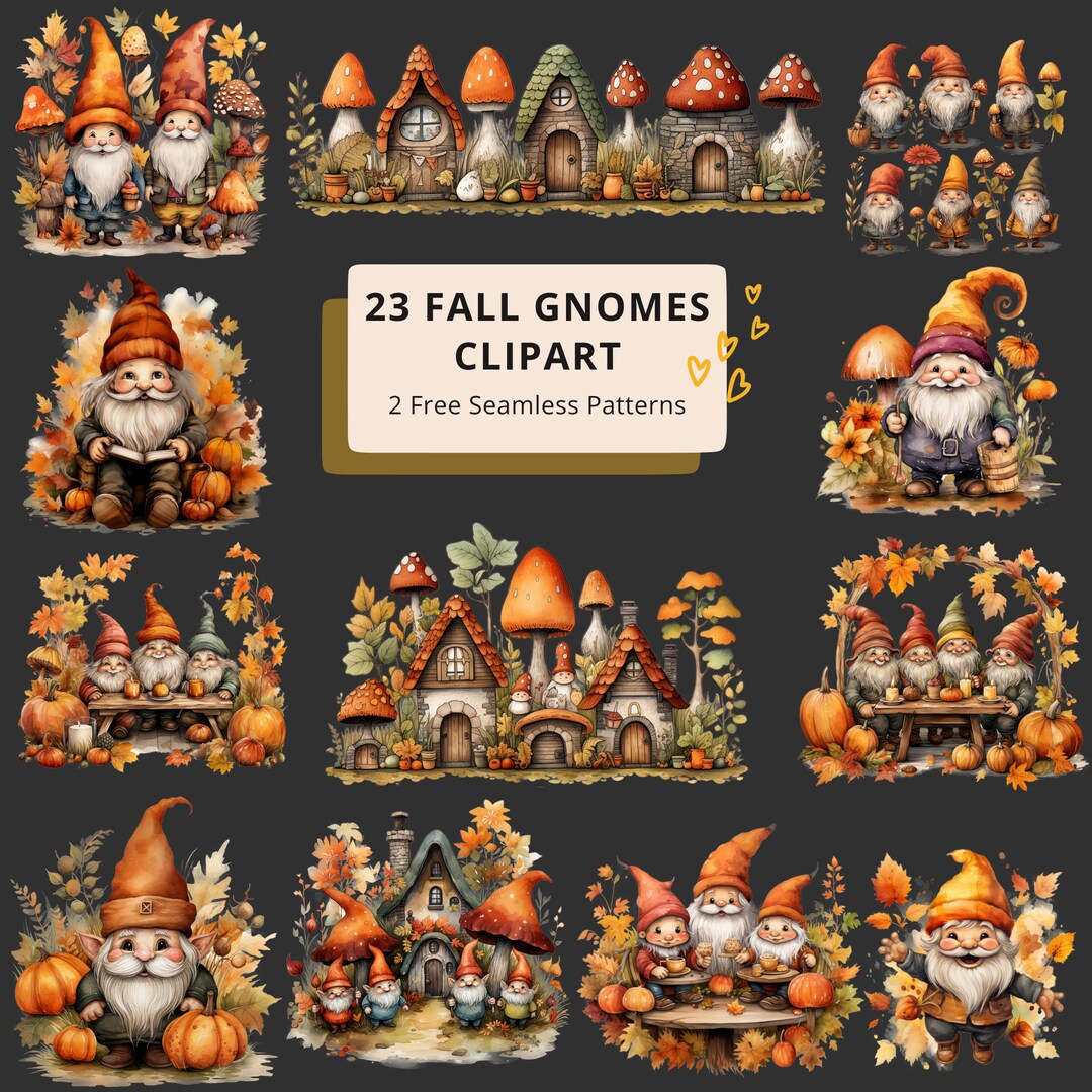 Fall Gnome Watercolor Clipart With 2 Free Seamless Patterns, PNG ...
