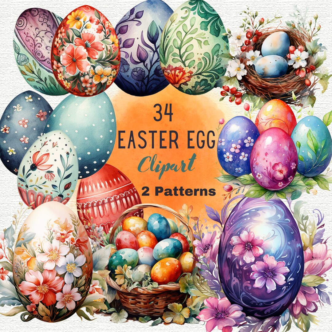 34 Easter Egg Watercolor Clipart, 2 Seamless Patterns, High Quality PNG ...
