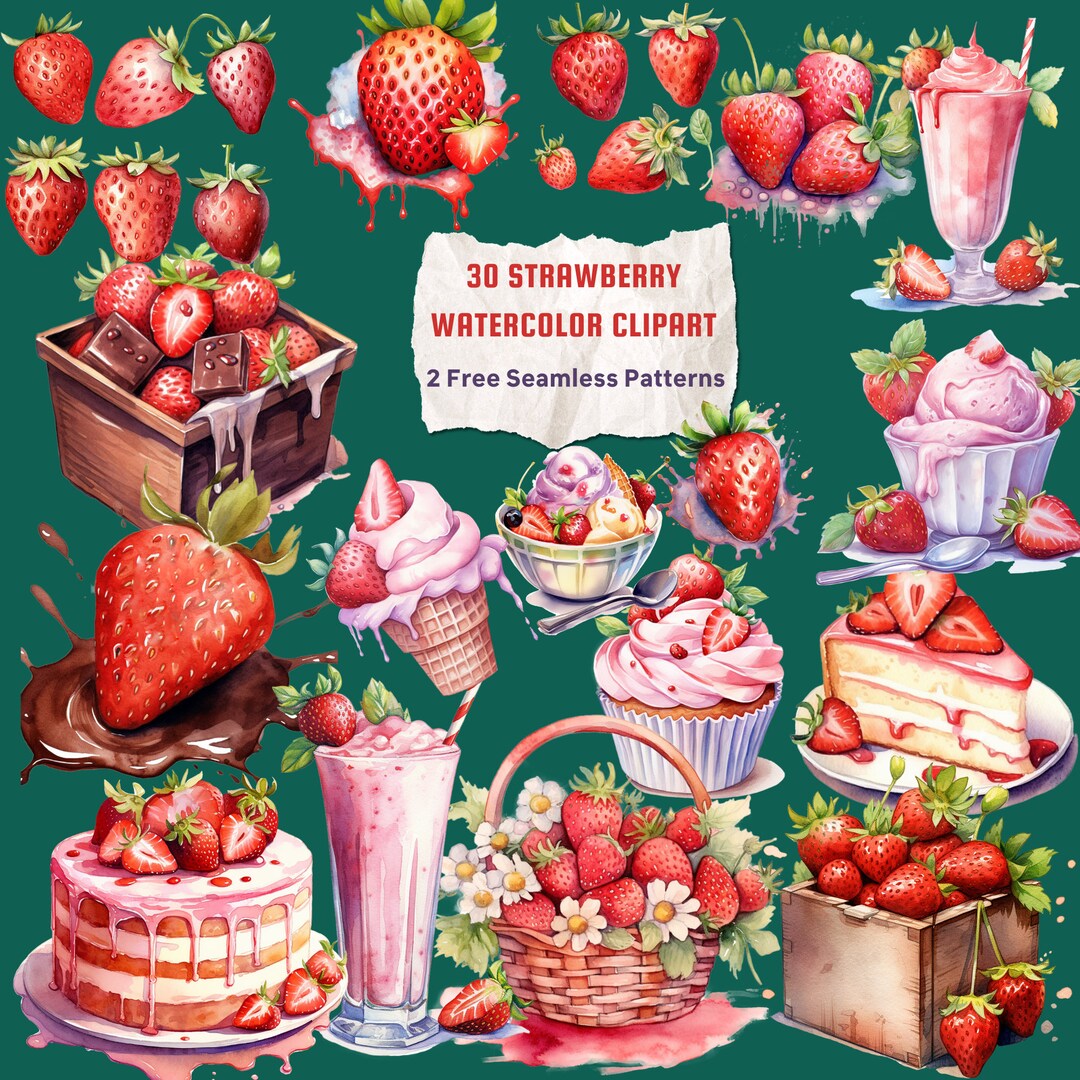 Watercolor Strawberry Clipart, PNG, Transparent Background, Instant ...