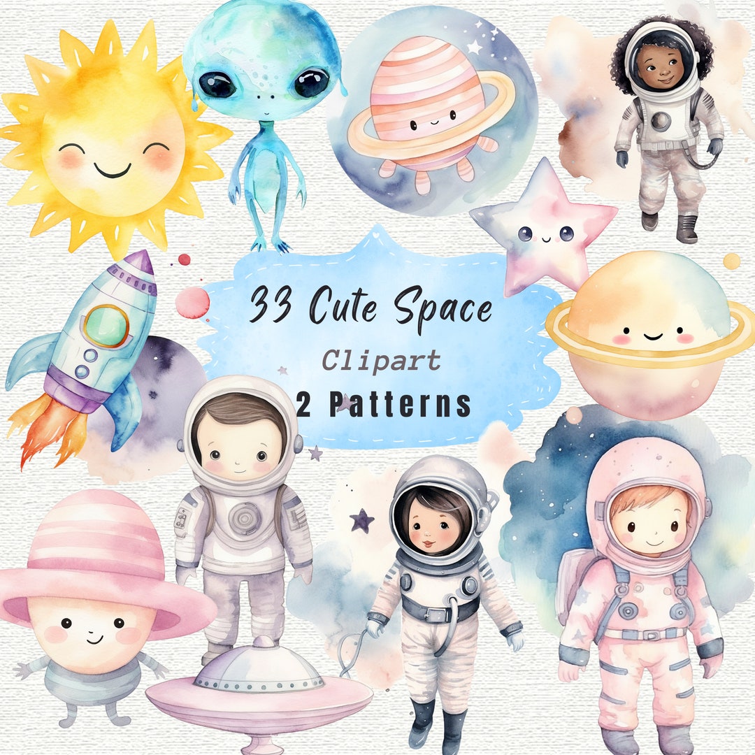 33 Cute Space Watercolor Clipart, 2 Seamless Patterns, High Quality PNG ...