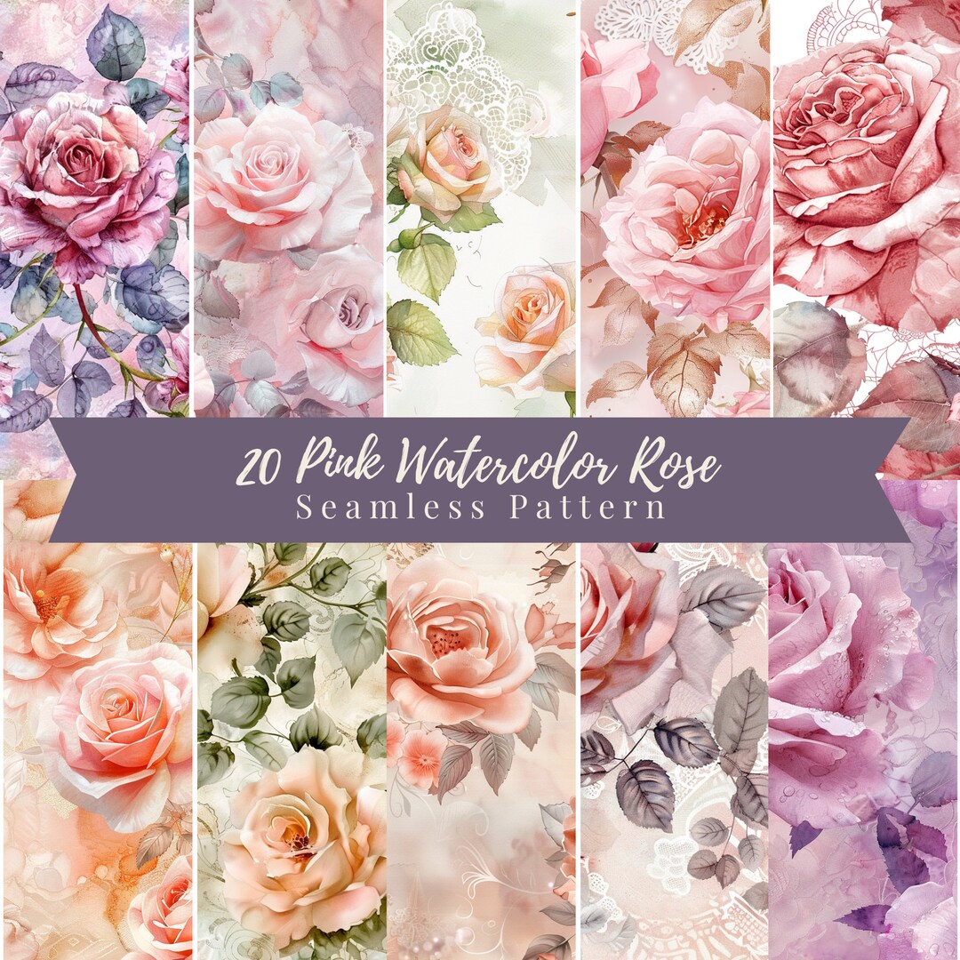 20 Pink Watercolor Rose Digital Paper, 300dpi, High Quality PNG ...