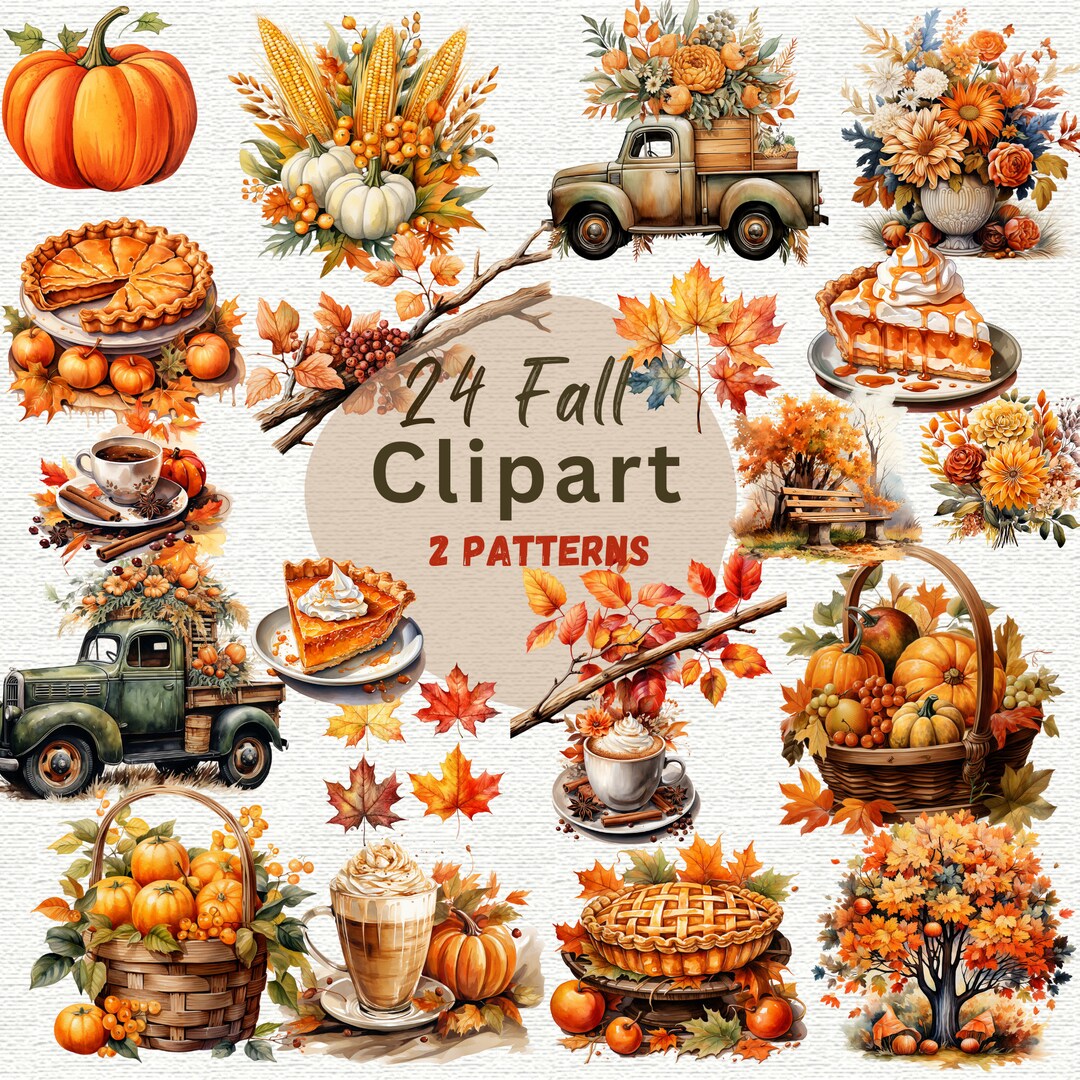 24 Fall Autumn Watercolor Clipart With 2 Seamless Patterns, Commercial ...