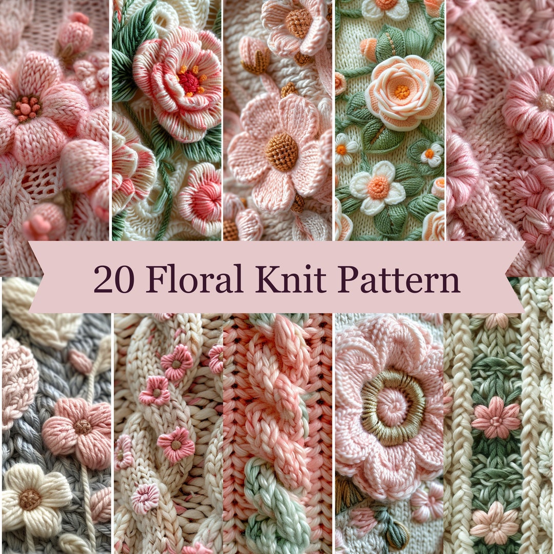 20 Pink Floral Knit Seamless Digital Paper, 300dpi PNG, Commercial Use ...