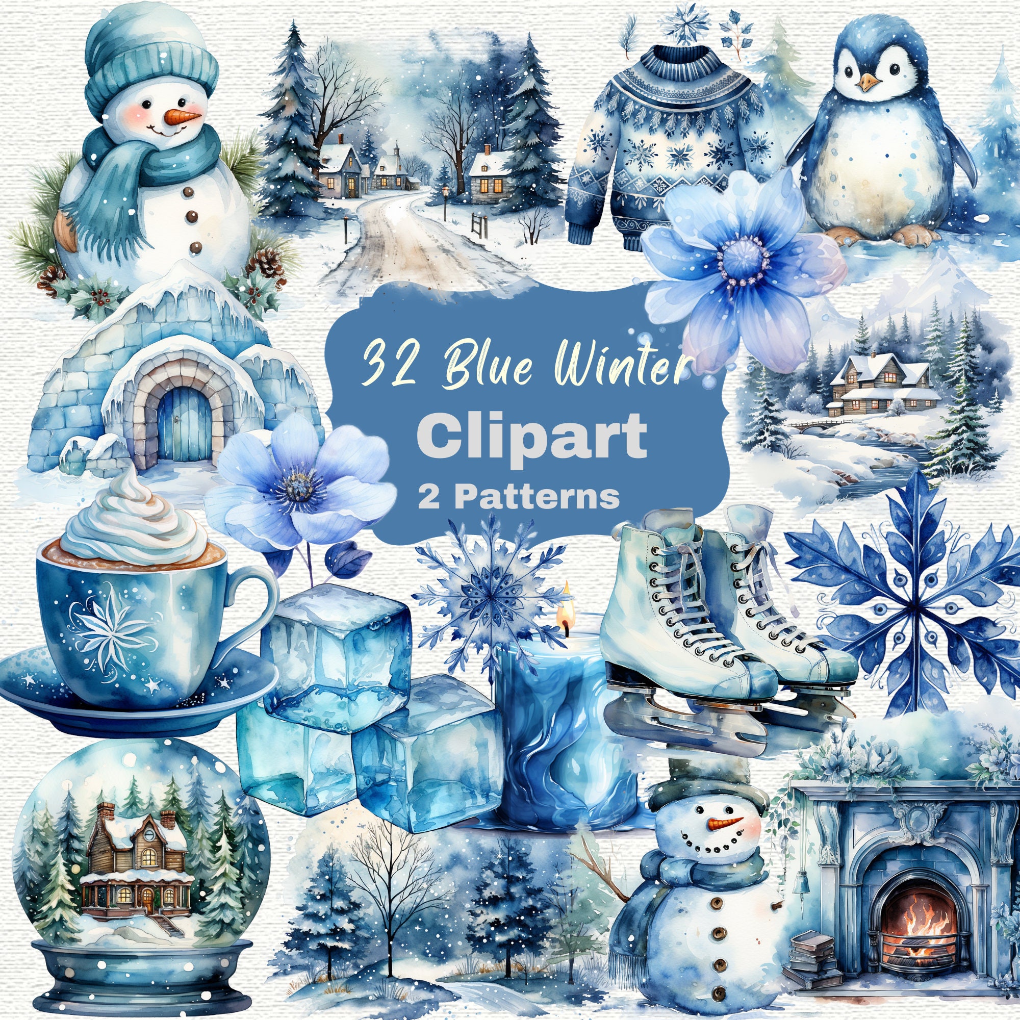 32 Blue Winter Watercolor Clipart, 2 Seamless Patterns, High Quality ...