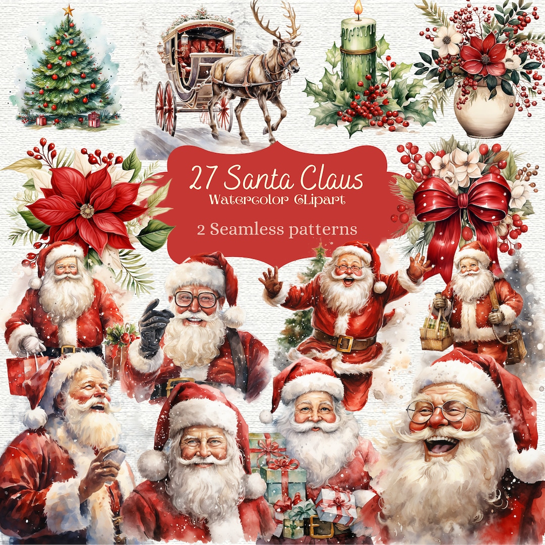 Watercolor Santa Claus Transparent PNG Clipart With 2 Seamless Patterns ...