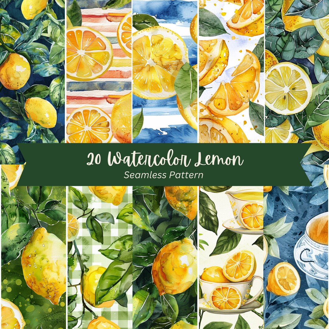 20 Seamless Watercolor Lemon Digital Paper, 300dpi, High Quality PNG ...