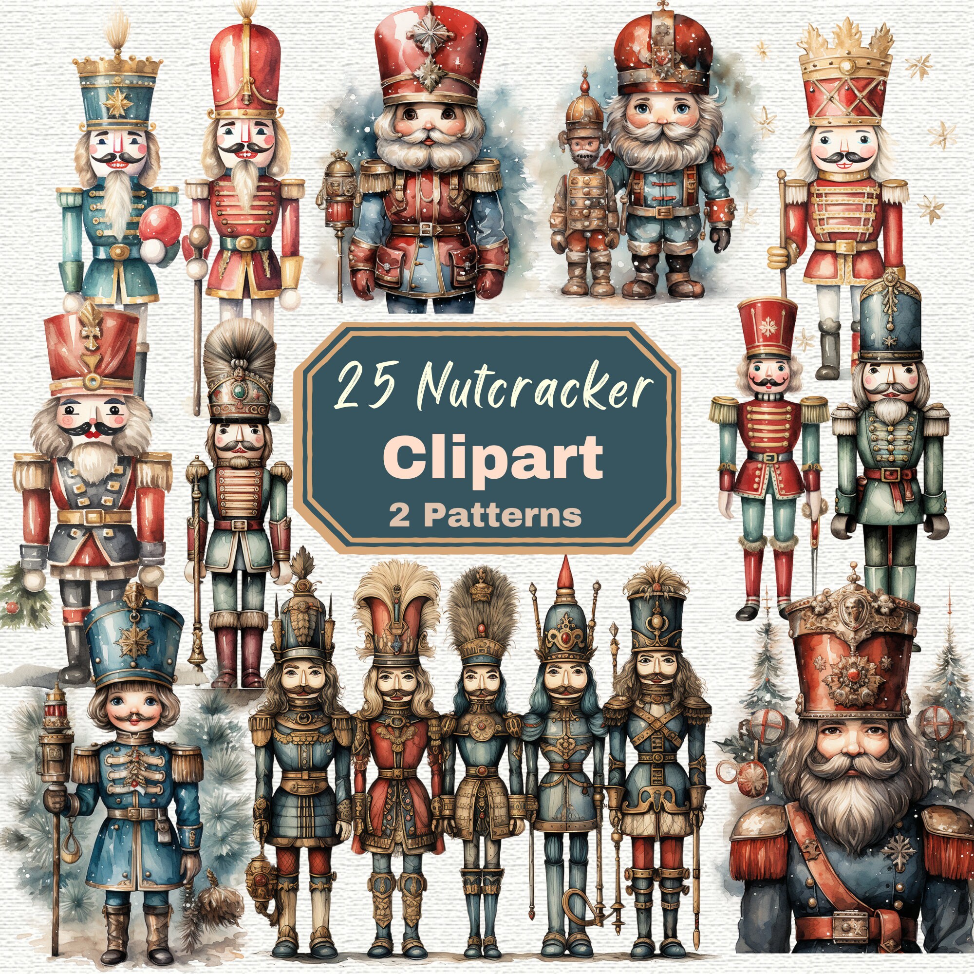 25 Nutcracker Watercolor Clipart, 2 Seamless Patterns, High Quality PNG ...