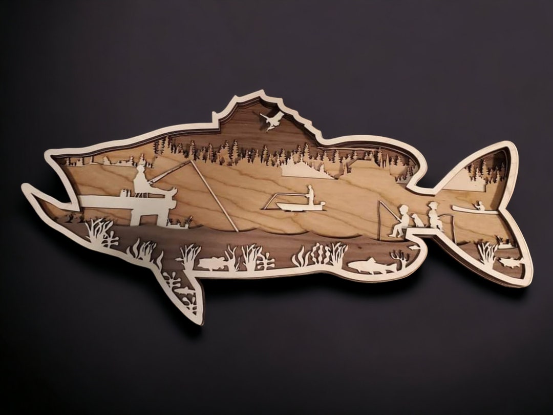 Layered Wood Bass: 3D Lake Scene Wall Art - Etsy