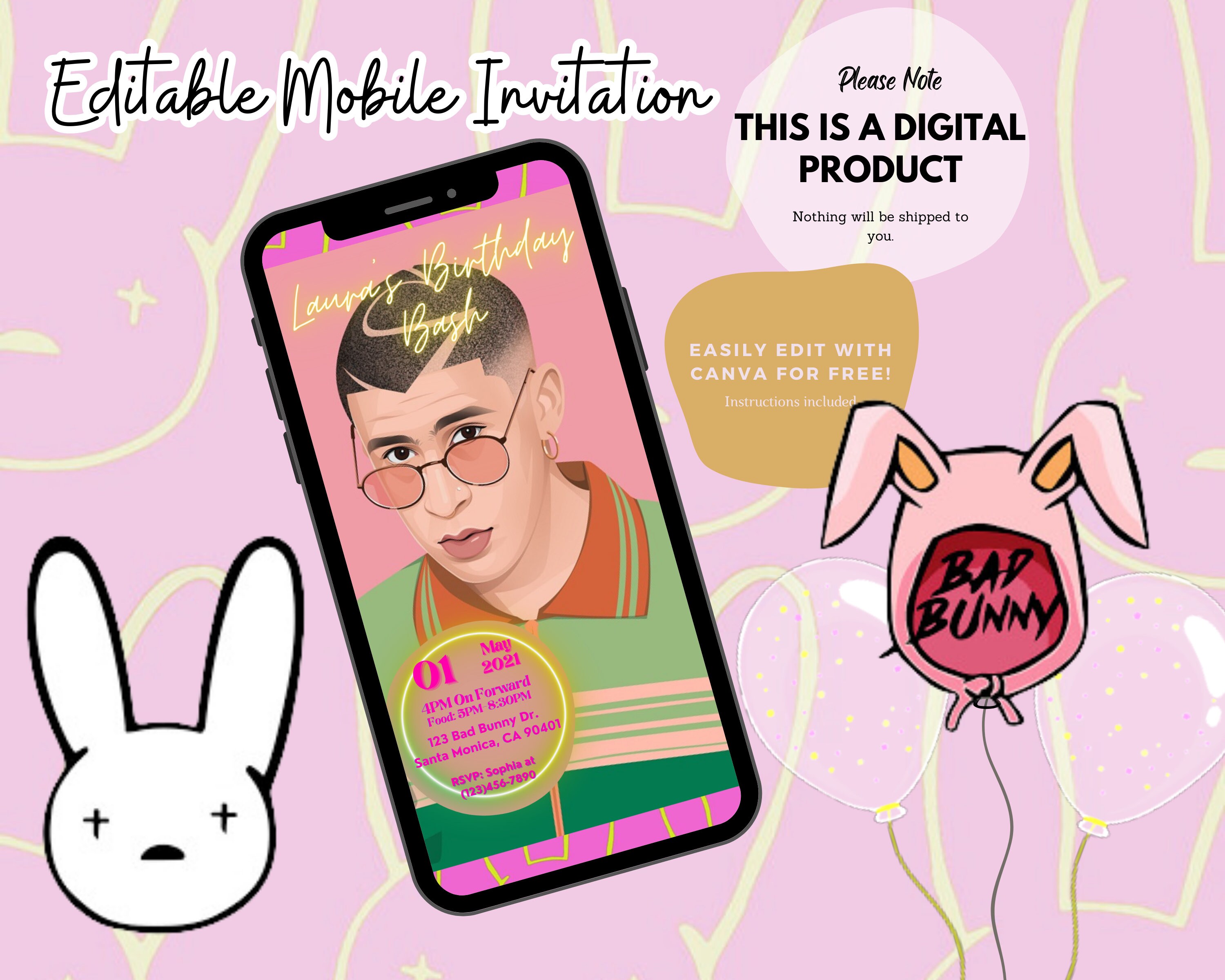 Bad Bunny Party Invitations, Party Invitations - Etsy