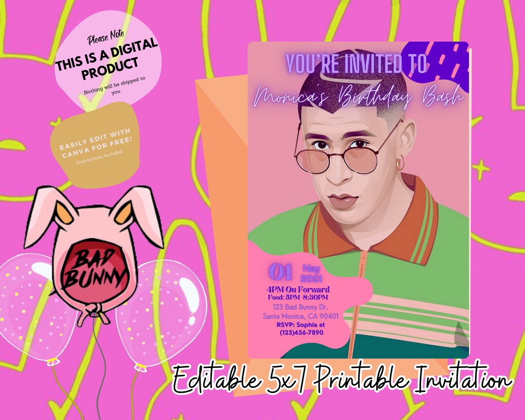 Invitation, Party Digital Invitation, Bad Bunny, Bad Bunny Invitation ...