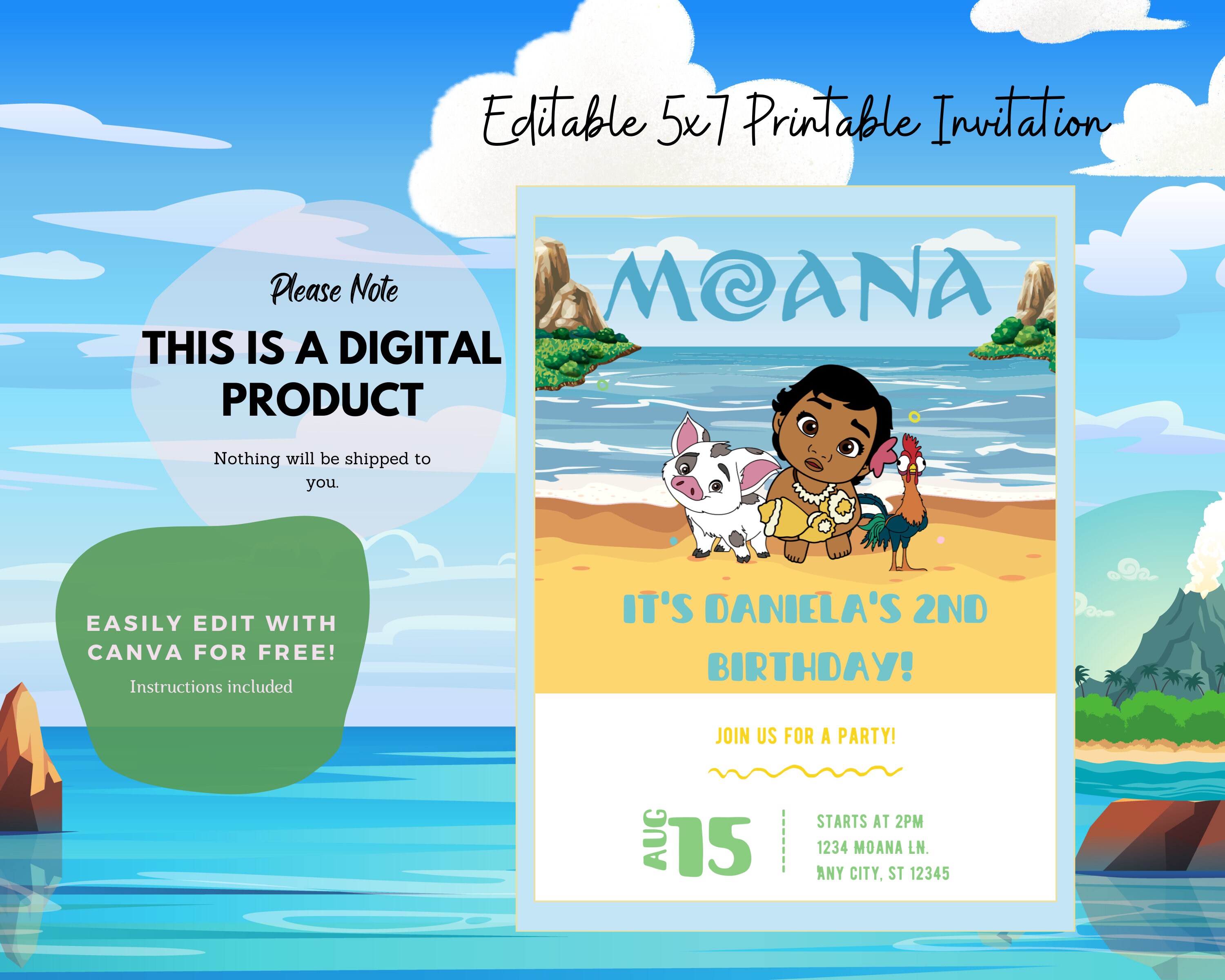 Moana Digital Invitation, Moana Printable Invitation, Moana Editable ...