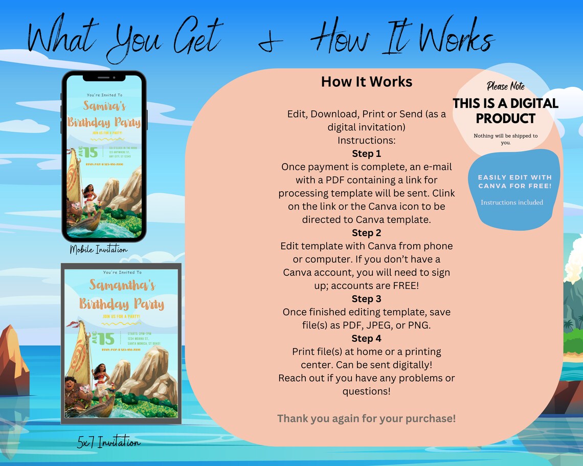 Moana & Maui Editable Party Invitation Template, Mobile Party ...