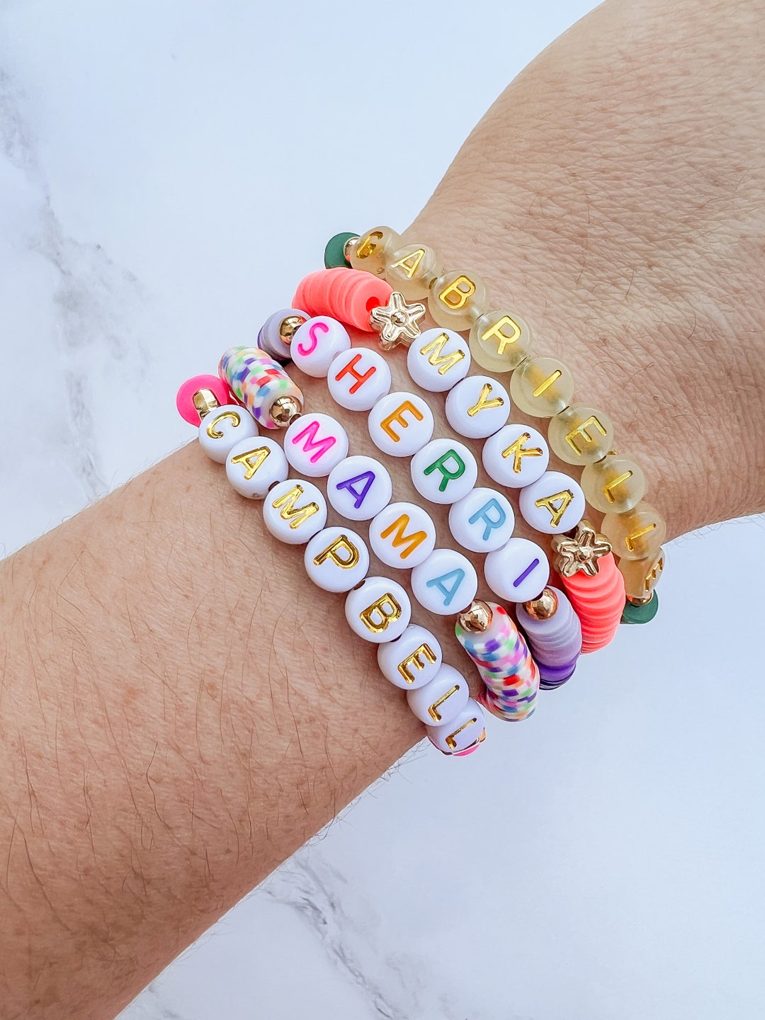 Personalized Name Bracelets Custom Word Heishi Beaded Bracelets Name Bracelet Stacking Bracelet ...