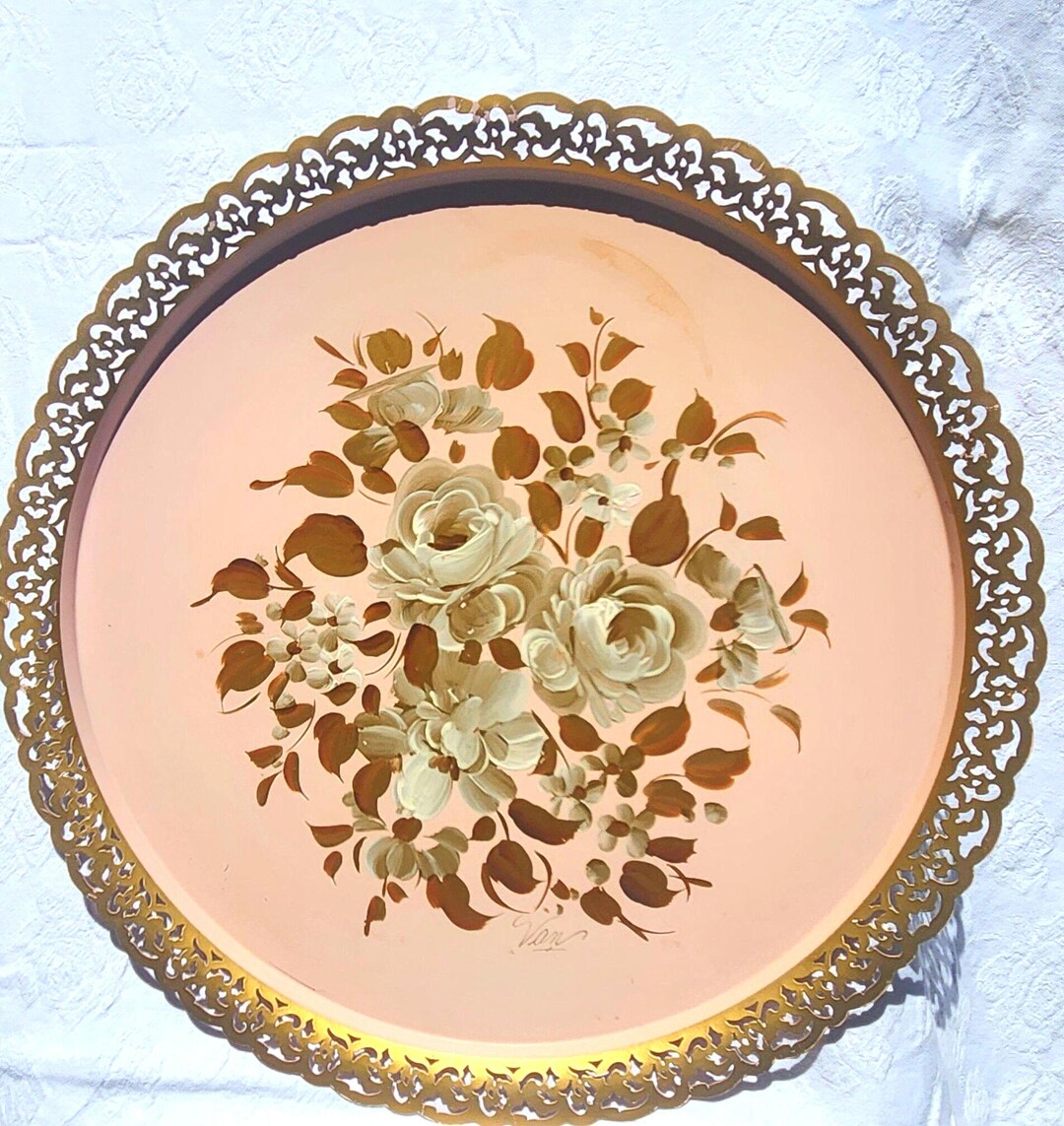 Large Tole Tray Hand-painted Signed by Van. Metal Pink Gold Lacey Metal ...