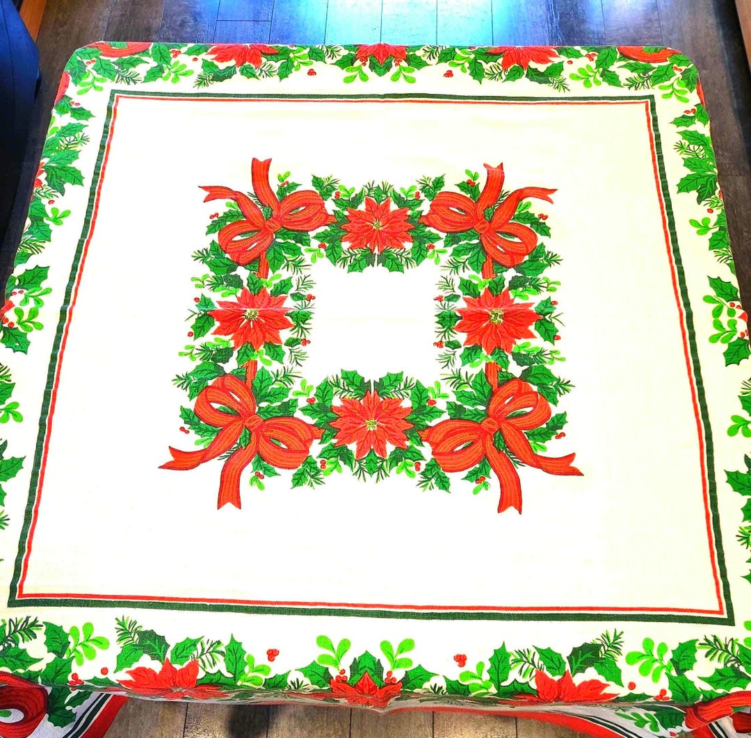 Vintage Christmas Tablecloth 1960's Poinsettias Holly and Bows Good ...