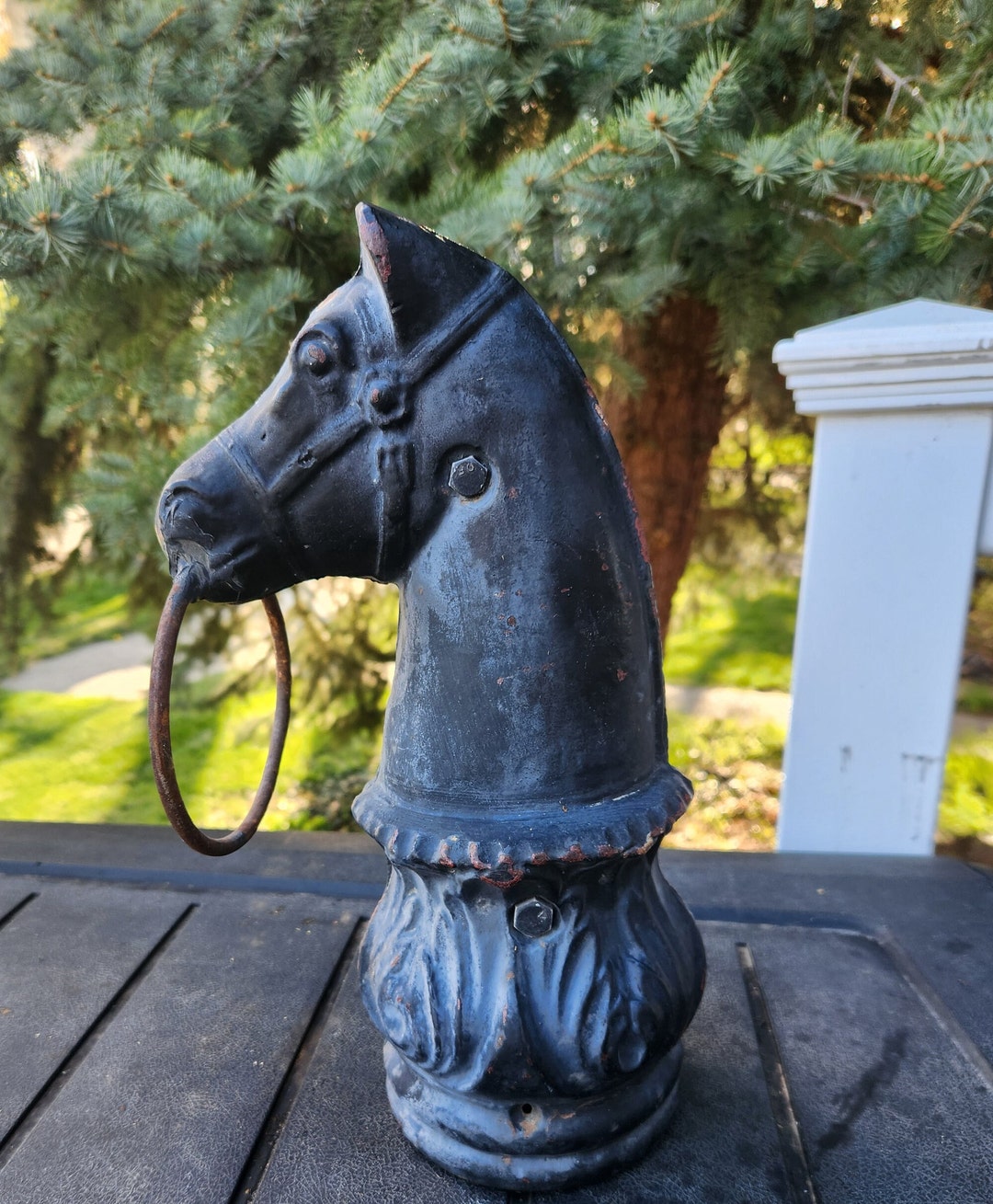 Vintage Horse Head Hitching Post Cast Iron Finial Topper Garden Porch ...