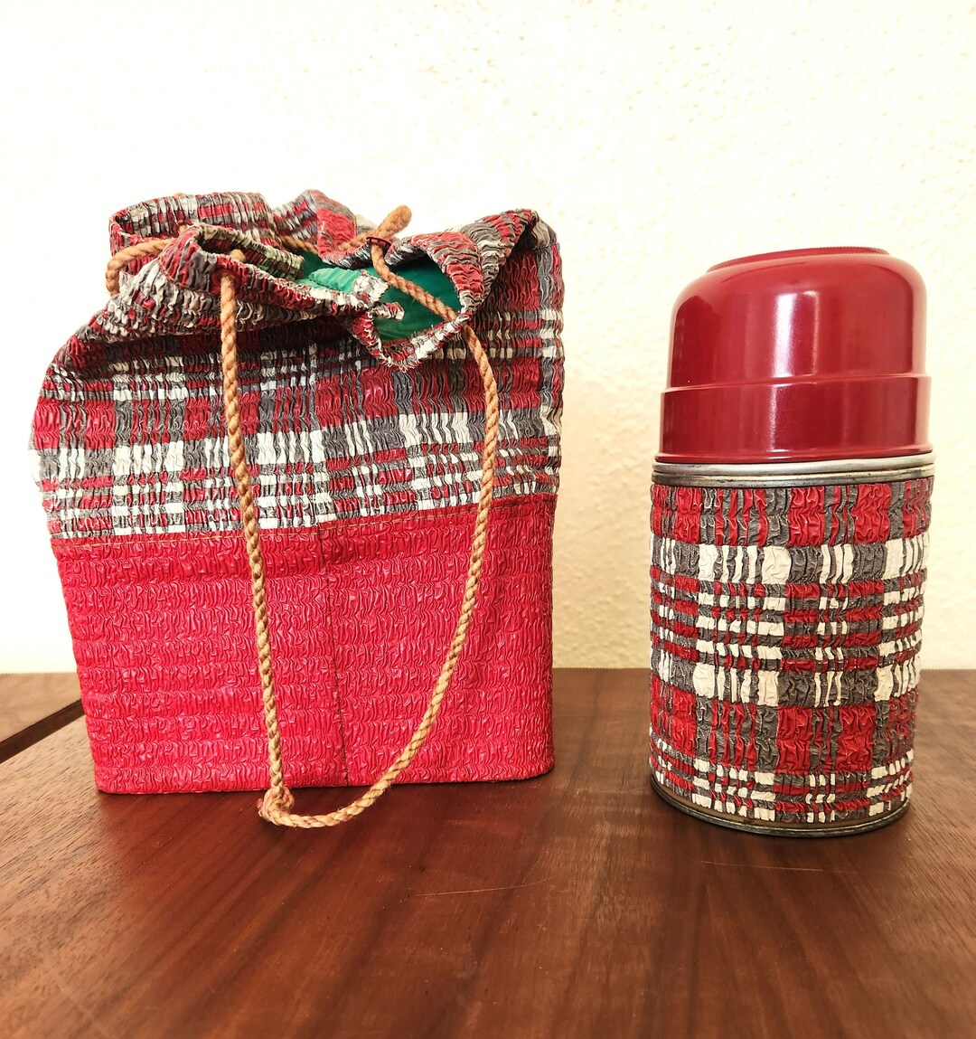 Vintage Thermos and Matching Lunch Bag Box Aladdin Red and White Check ...