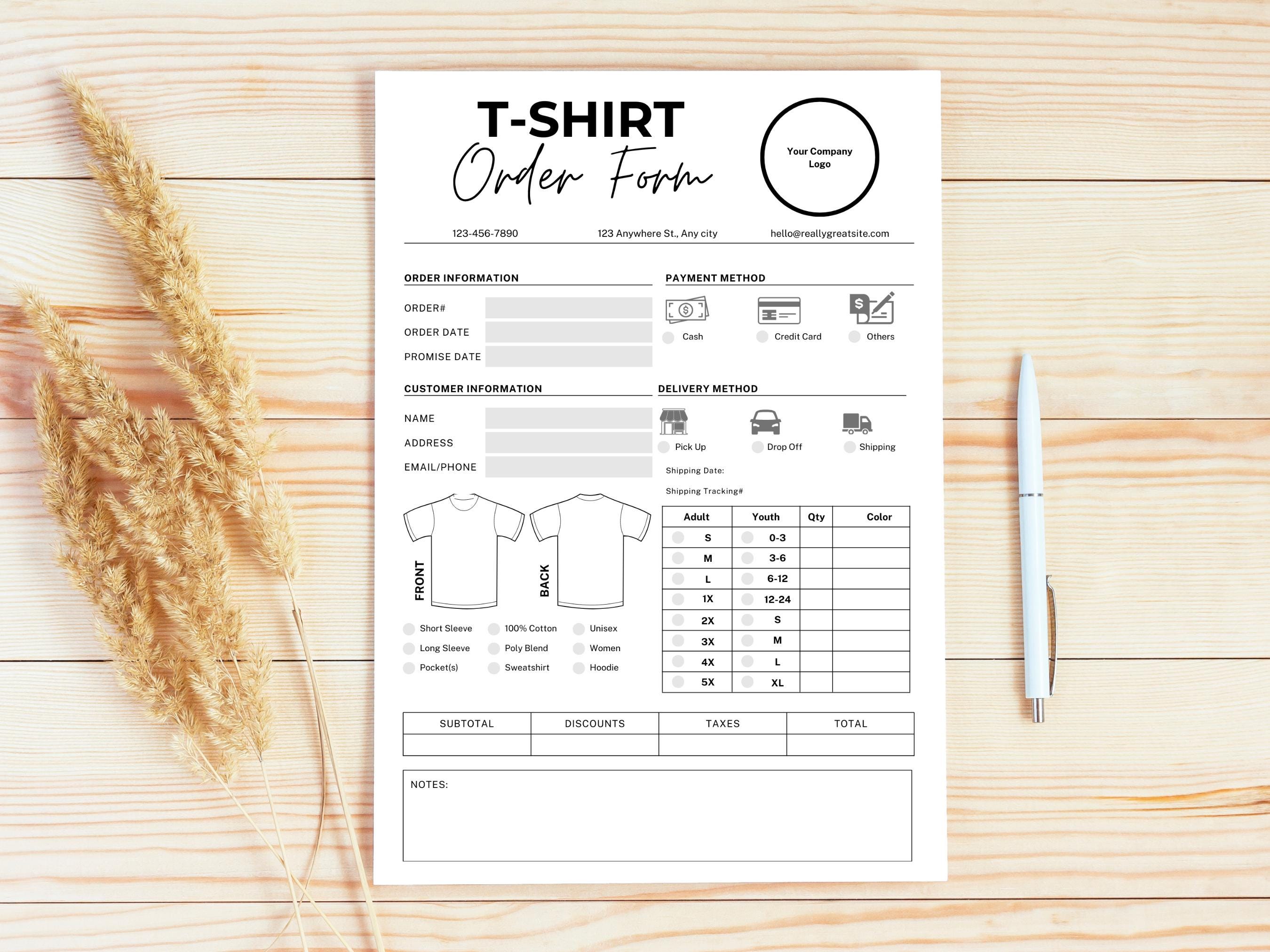 Tshirt Order Form | T-shirt Invoice Template | T Shirt Order Form ...