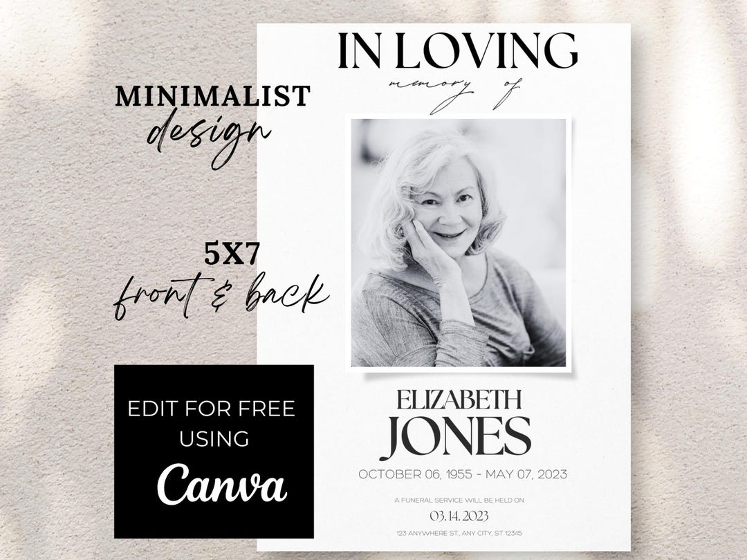 Minimalist Funeral Program Template: 5x7 Memorial Announcement (digital ...
