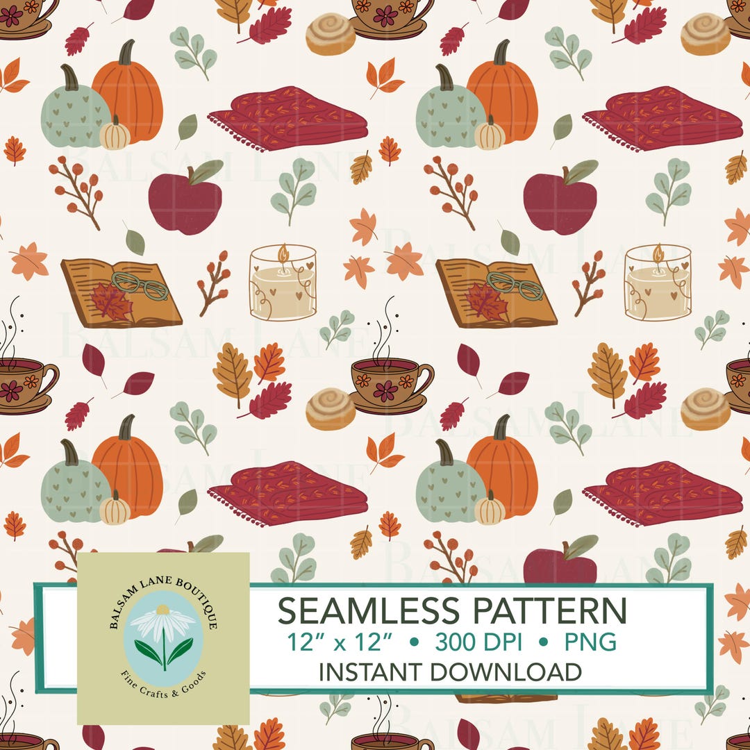 Cozy Fall Seamless Pattern: Pumpkins, Autumn Leaves, Candles (PNG ...