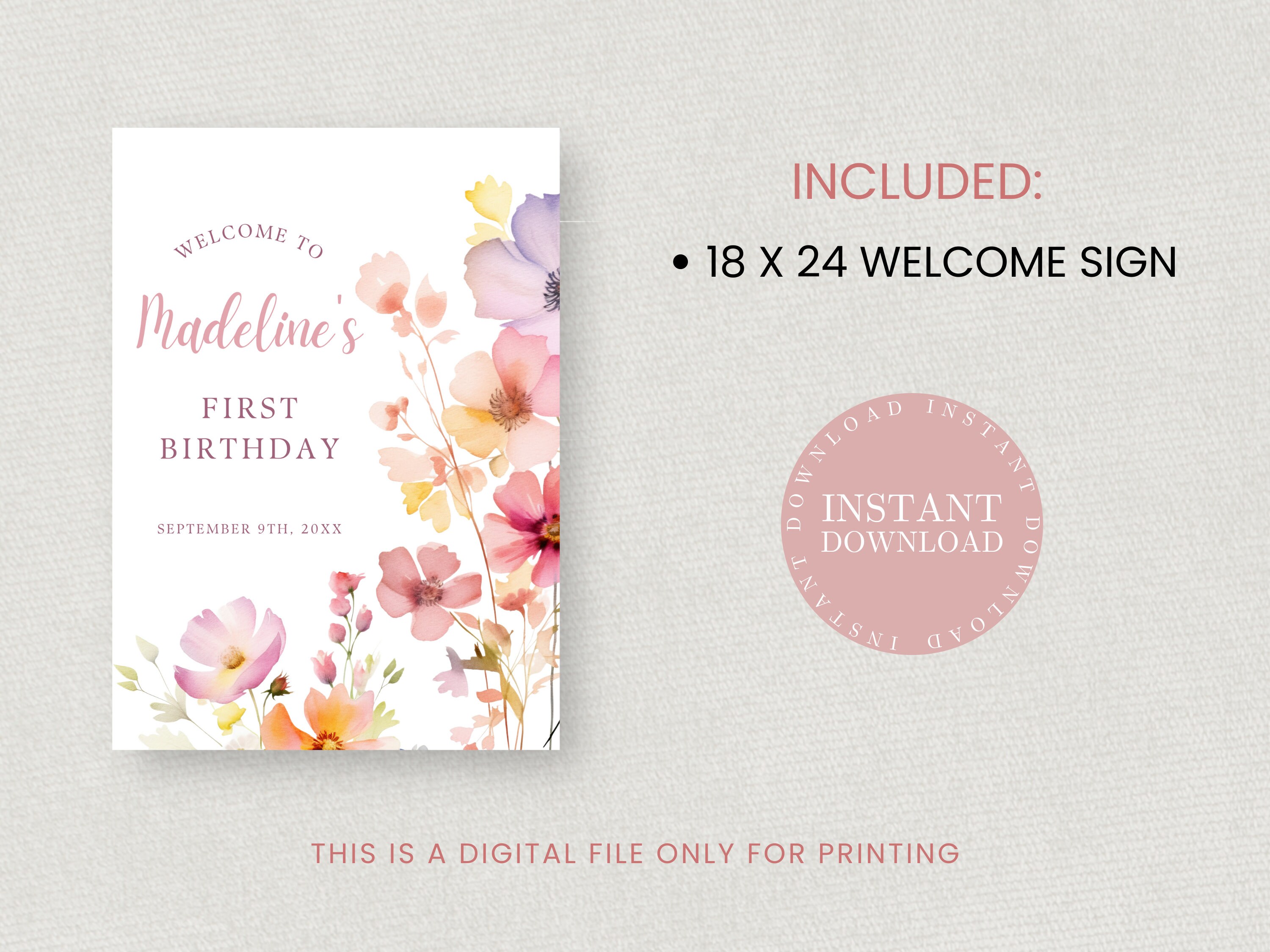 Wildflower Birthday Welcome Sign Template, Editable First 1st Birthday ...