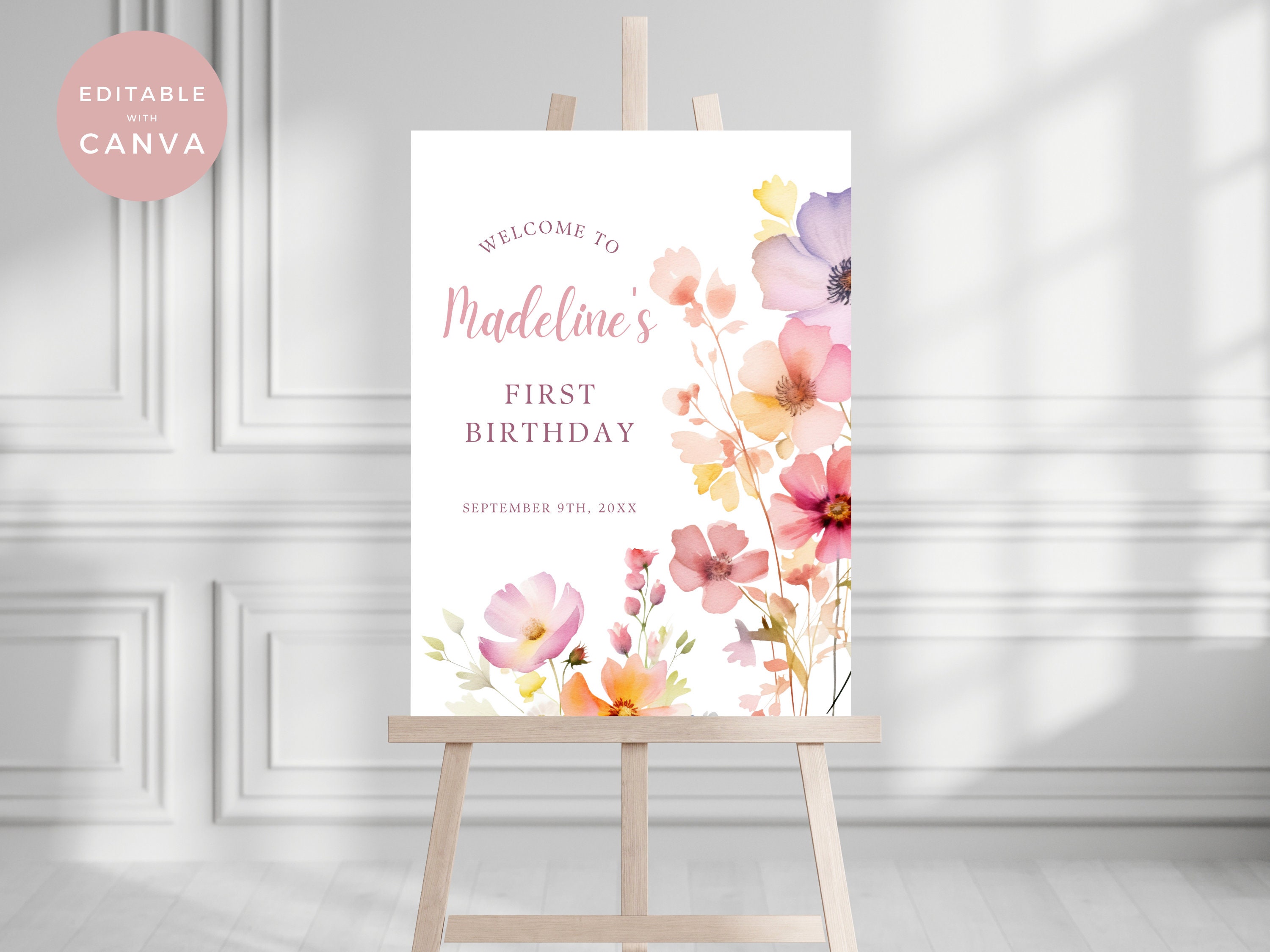 Wildflower Birthday Welcome Sign Template, Editable First 1st Birthday ...