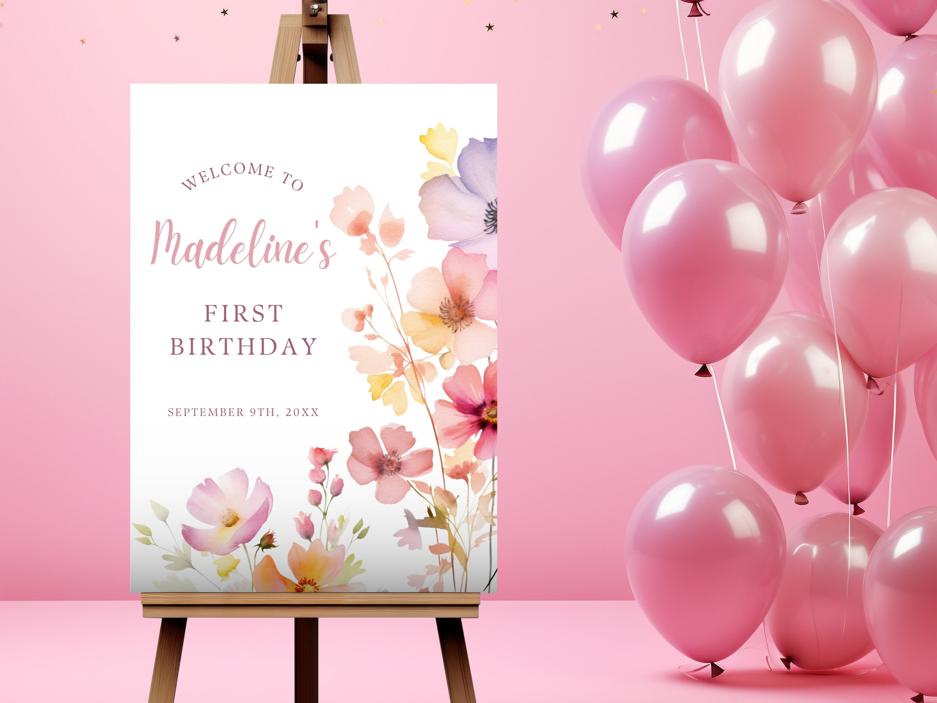 Wildflower Birthday Welcome Sign Template, Editable First 1st Birthday ...