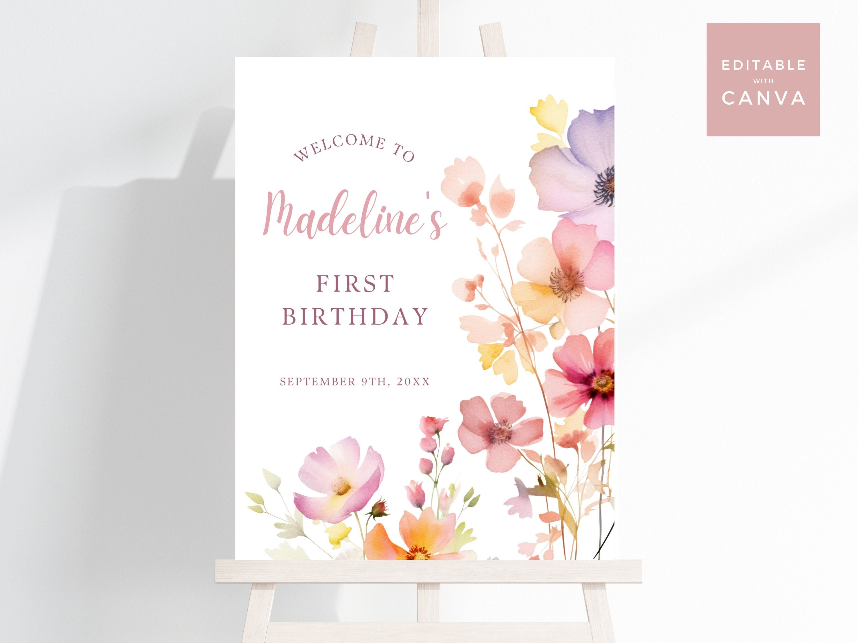 Wildflower Birthday Welcome Sign Template, Editable First 1st Birthday ...